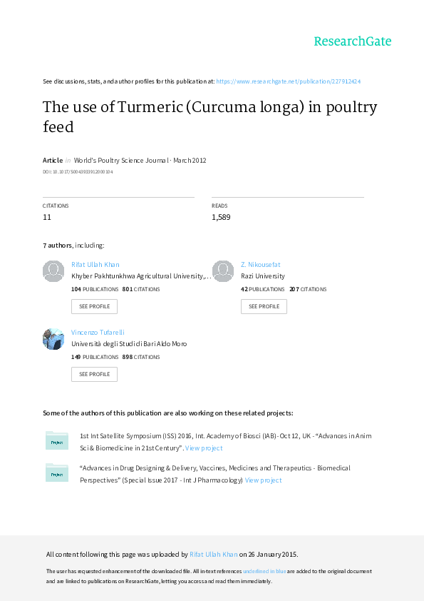 (PDF) The use of Turmeric (Curcuma longa) in poultry feed