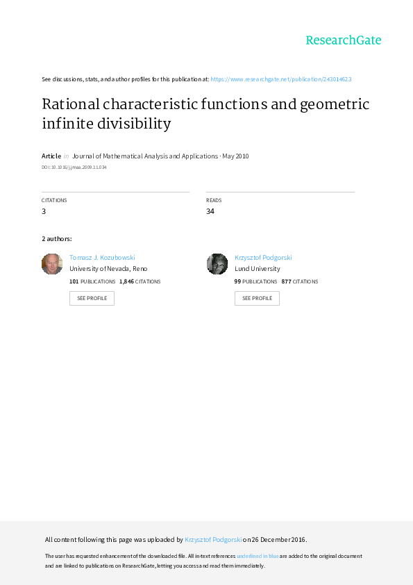 (PDF) Rational characteristic functions and geometric infinite divisibility