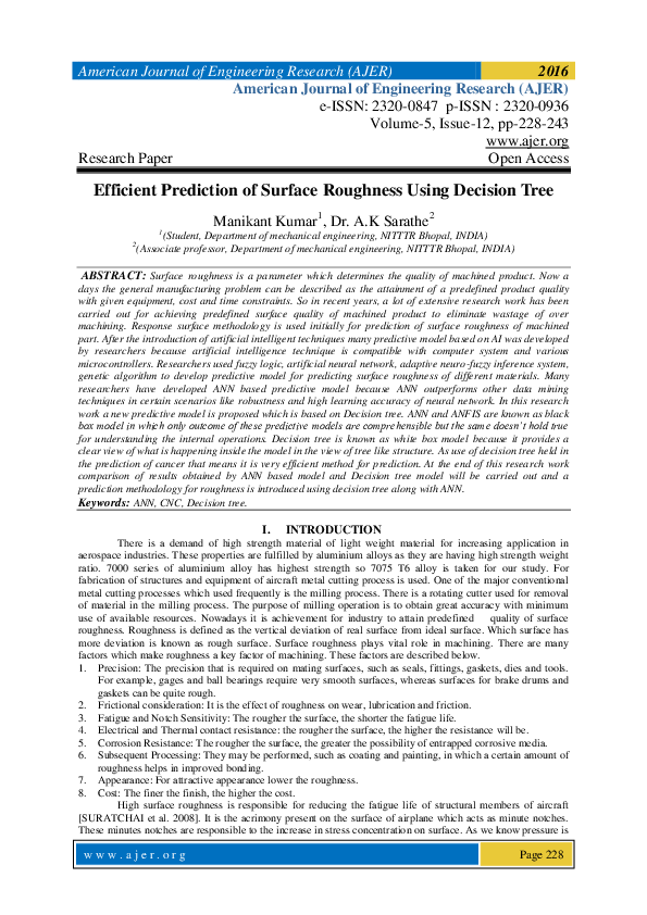 Pdf Efficient Prediction Of Surface Roughness Using Decision Tree