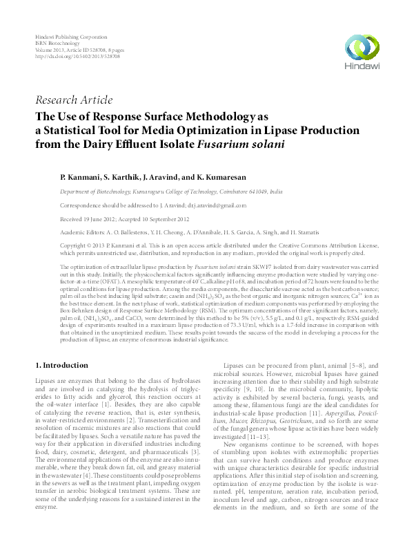 Pdf The Use Of Response Surface Methodology As A Statistical Tool For Media Optimization In