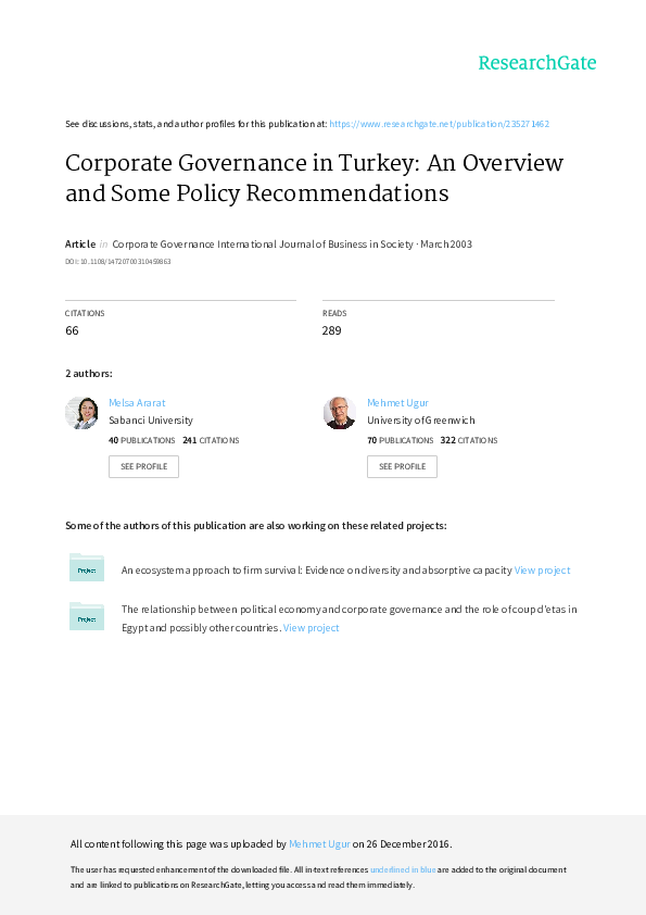 (PDF) Corporate governance in Turkey: an overview and some policy ...