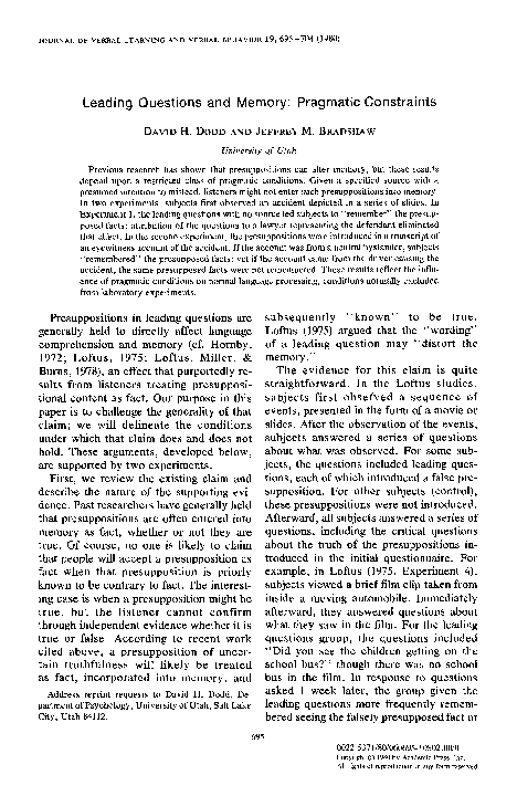 (PDF) Leading questions and memory: Pragmatic constraints