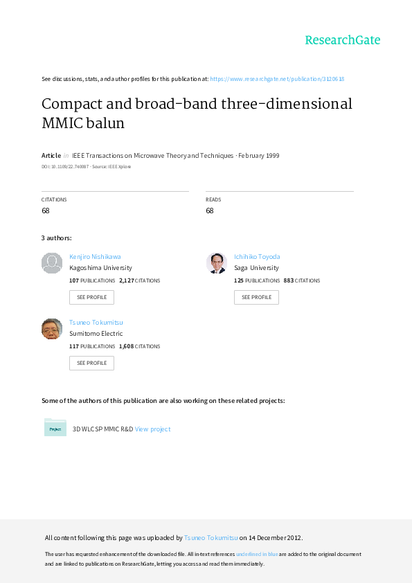 (PDF) Compact and broad-band three-dimensional MMIC balun