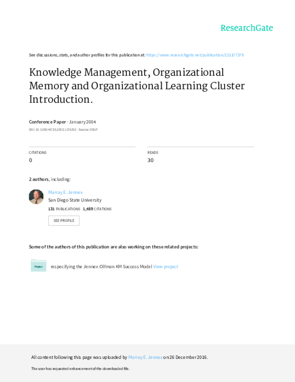 (PDF) Knowledge Management, Organizational Memory, and Organizational Learning