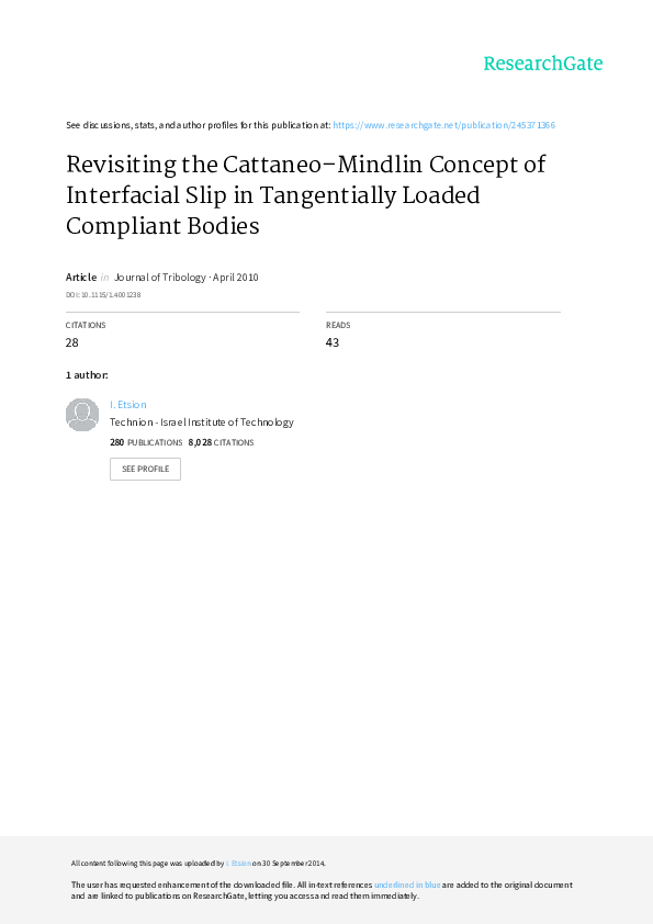 (PDF) Revisiting the Cattaneo Mindlin Concept of Interfacial Slip in Tangentially Loaded ...