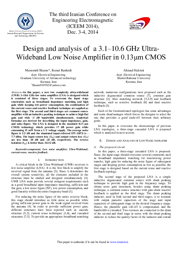 (PDF) Design and analysis of a 3.1–10.6 GHz Ultra-Wideband Low Noise Amplifier in 0.13μm CMOS