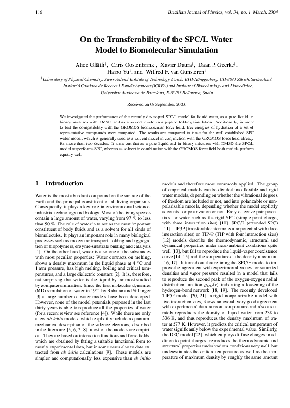 (PDF) On the transferability of the SPC/L water model to biomolecular ...