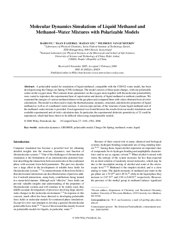 (PDF) Molecular dynamics simulations of liquid methanol and methanol ...