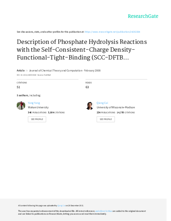 (PDF) Description of Phosphate Hydrolysis Reactions with the Self-Consistent-Charge Density ...
