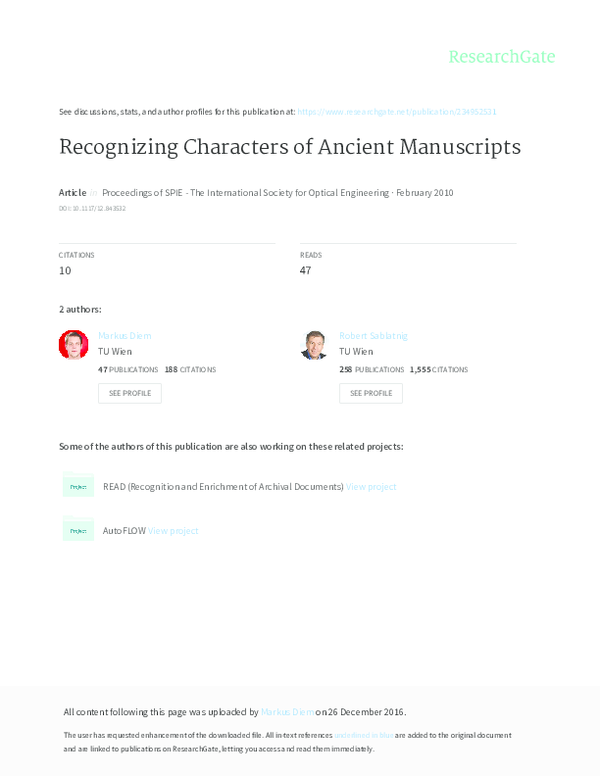 (PDF) Recognizing characters of ancient manuscripts