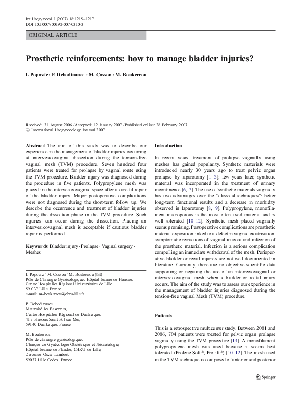 (PDF) Prosthetic reinforcements: how to manage bladder injuries?