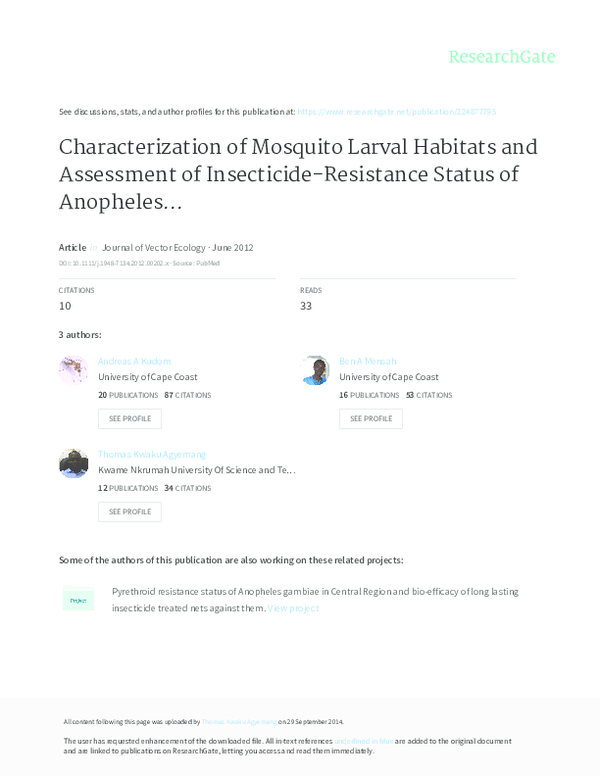 (PDF) Characterization of mosquito larval habitats and assessment of insecticide-resistance ...