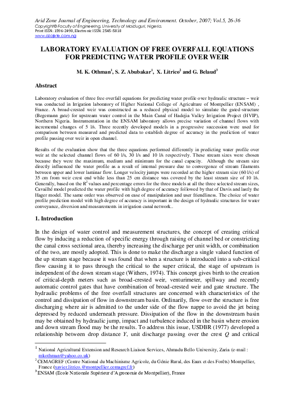 (PDF) LABORATORY EVALUATION OF FREE OVERFALL EQUATIONS FOR PREDICTING ...