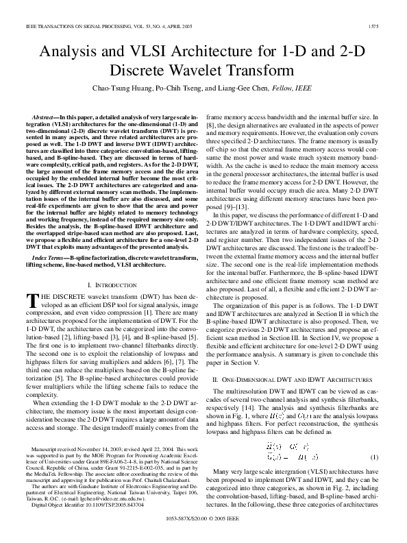 (PDF) Analysis and VLSI architecture for 1-D and 2-D discrete wavelet transform