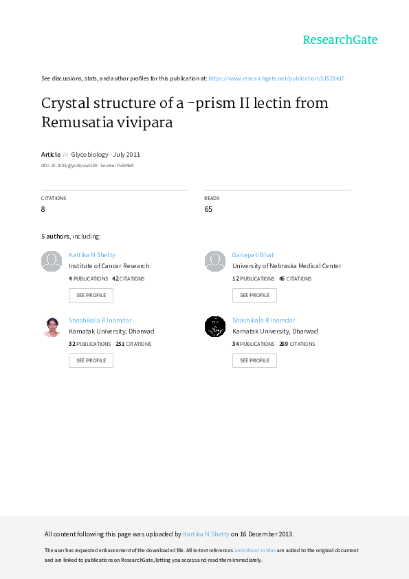 (PDF) Crystal structure of a β-prism II lectin from Remusatia vivipara
