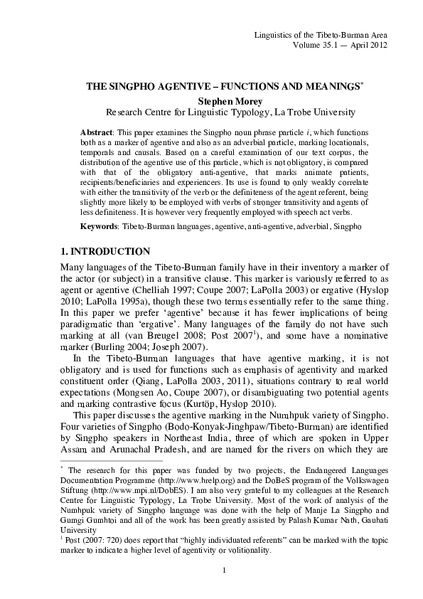 (PDF) The Singpho agentive - functions and meanings