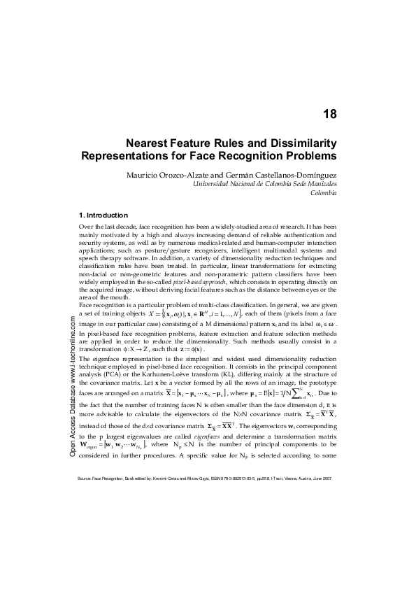 Pdf Nearest Feature Rules And Dissimilarity Representations For Face Recognition Problems