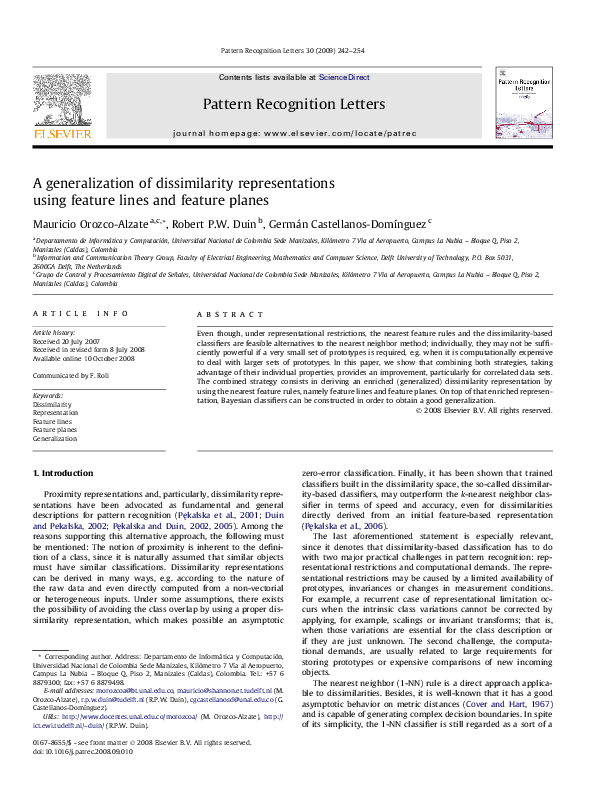 (PDF) A generalization of dissimilarity representations using feature lines and feature planes