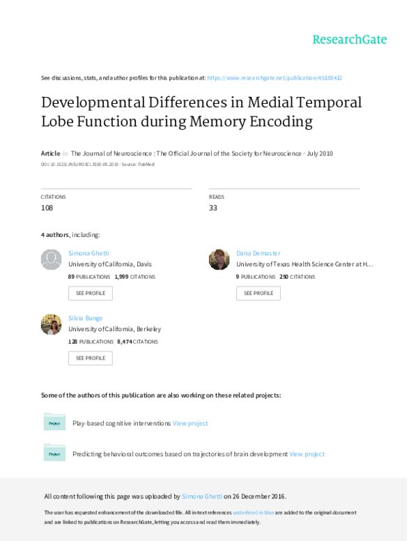 Pdf Developmental Differences In Medial Temporal Lobe Function During Memory Encoding