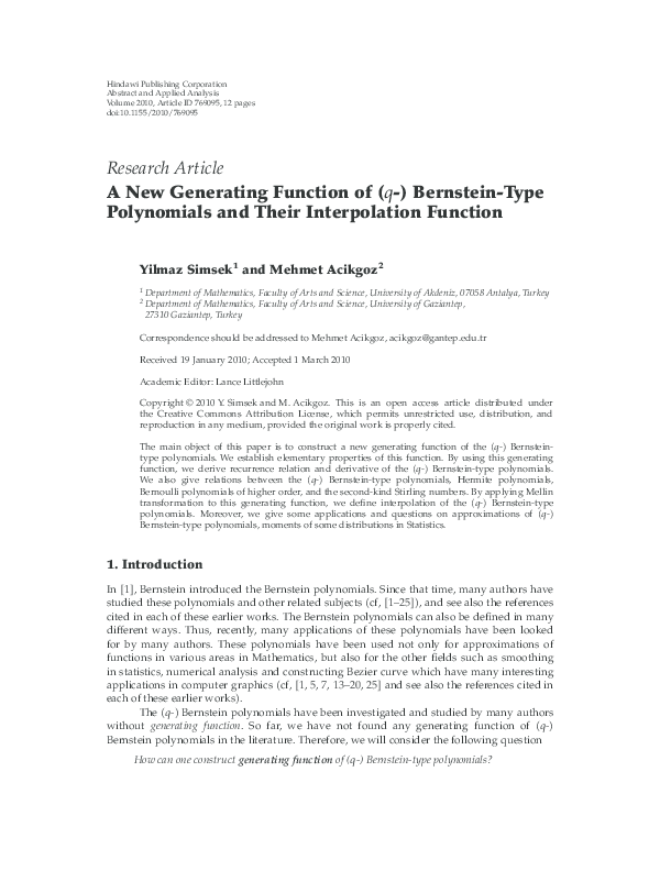 Pdf A New Generating Function Of Q Bernstein Type Polynomials And Their Interpolation Function