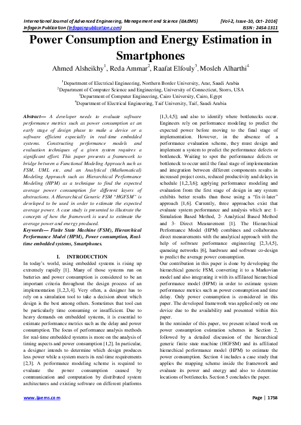 (PDF) Power Consumption and Energy Estimation in Smartphones