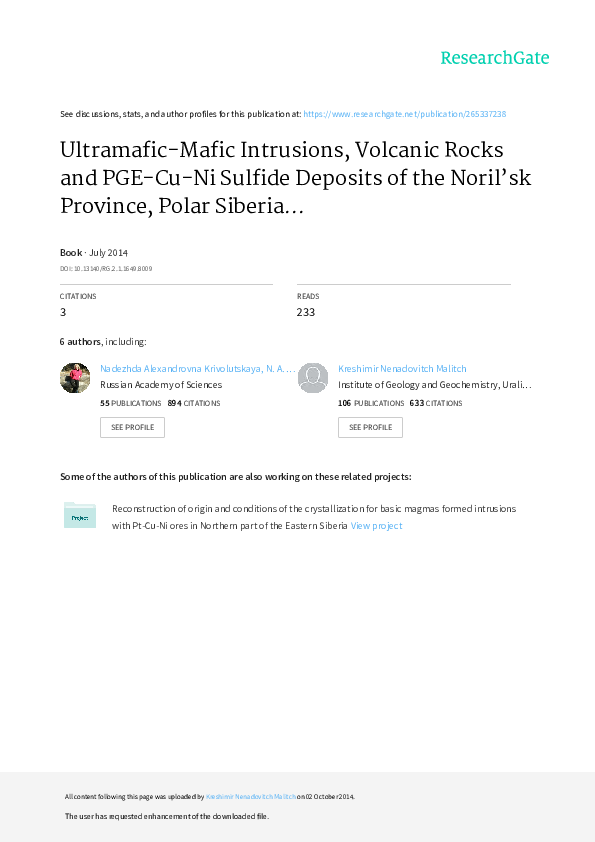 (PDF) Ultramafic-mafic intrusions, volcanic rocks and PGE-Cu-Ni sulfide ...