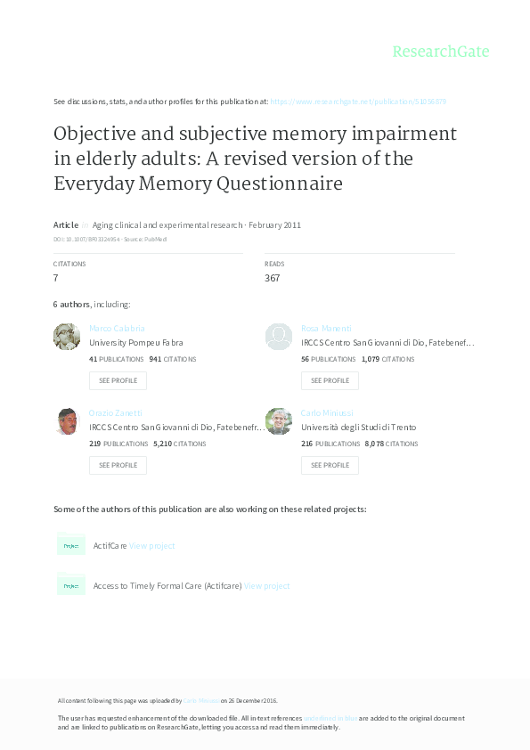 (PDF) Objective and subjective memory impairment in elderly adults: a ...