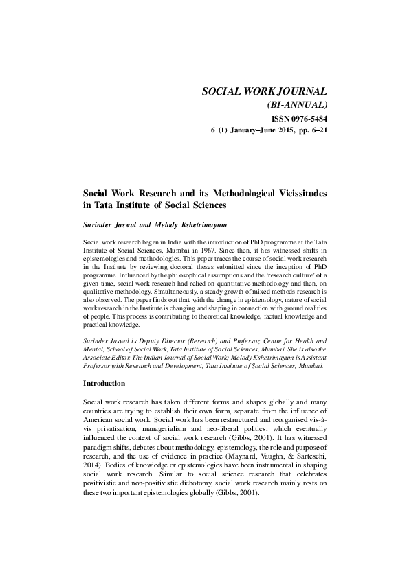 (PDF) Social Work Research and its Methodological Vicissitudes in Tata ...