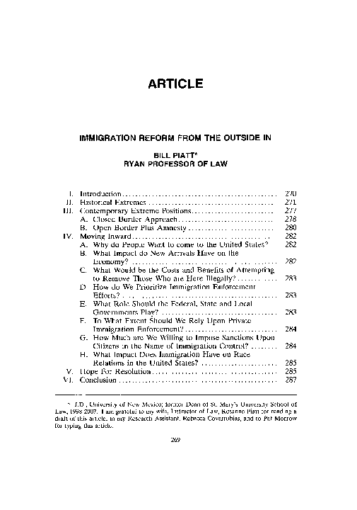 (PDF) IMMIGRATION REFORM FROM THE OUTSIDE IN BILL PIATT* RYAN PROFESSOR ...