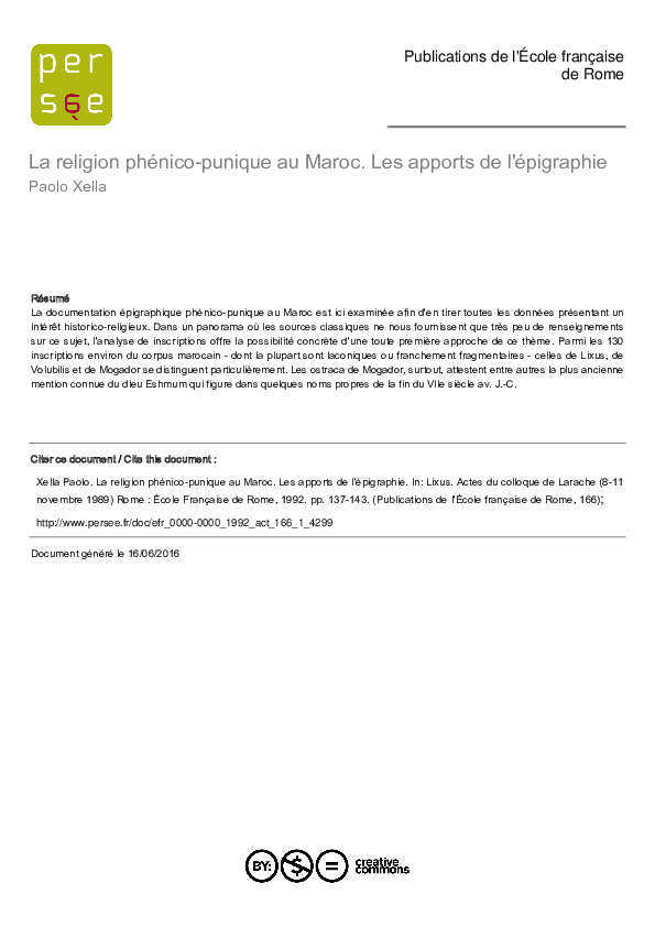 (PDF) P. Xella, La religion phénico-punique au Maroc. Les apports de l'épigraphie, La religion ...