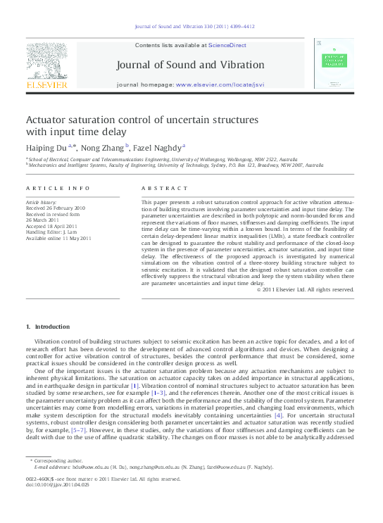 Pdf Actuator Saturation Control Of Uncertain Structures With Input Time Delay