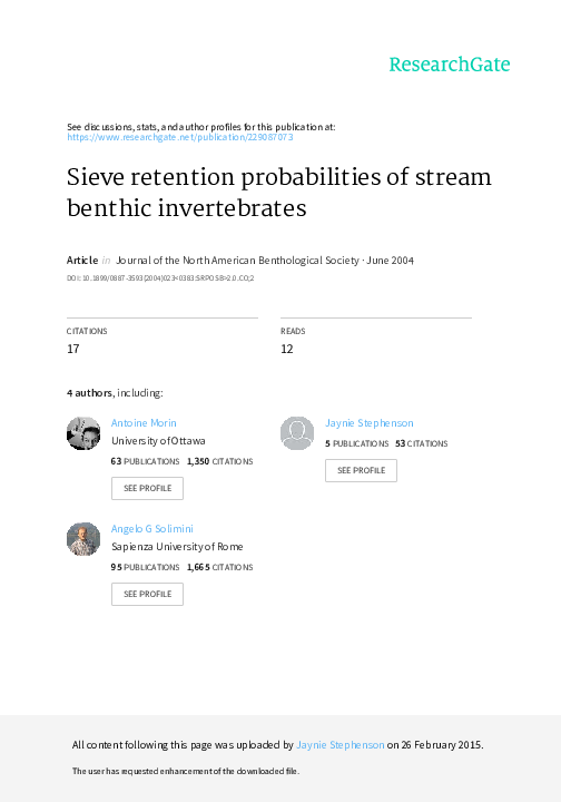 (PDF) Sieve retention probabilities of stream benthic invertebrates