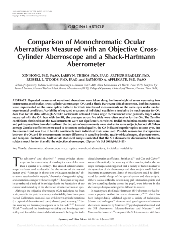 (PDF) Comparison of Monochromatic Ocular Aberrations Measured with an ...