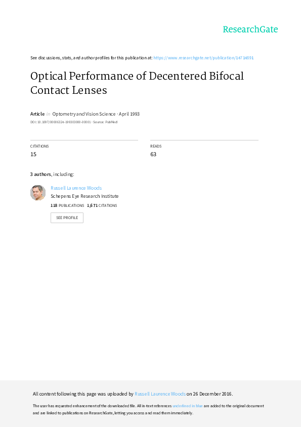 (PDF) Optical Performance of Decentered Bifocal Contact Lenses
