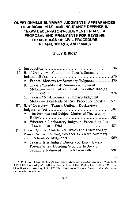 (PDF) QUESTIONABLE SUMMARY JUDGMENTS, APPEARANCES OF JUDICIAL BIAS, AND ...