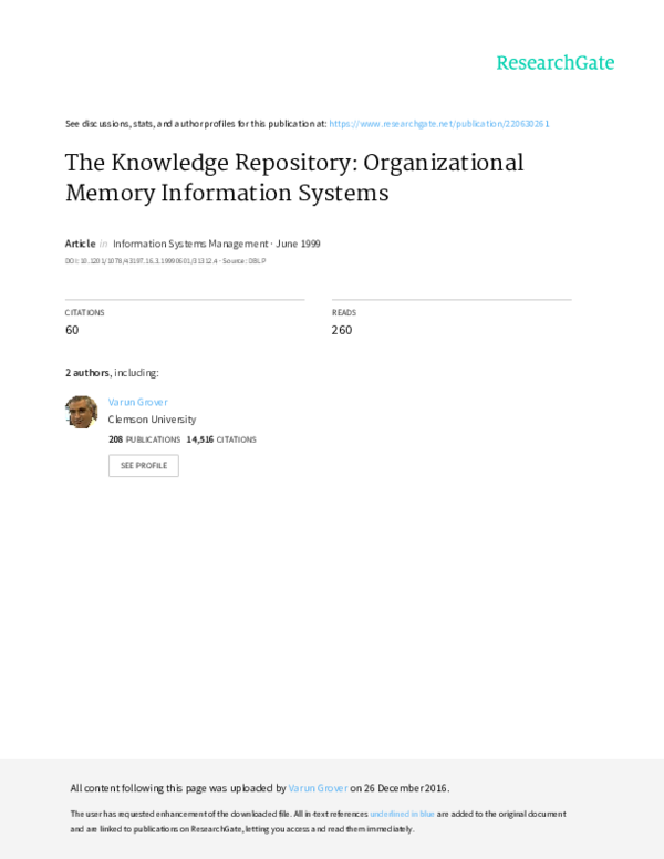 (PDF) The Knowledge Repository: Organizational Memory Information Systems