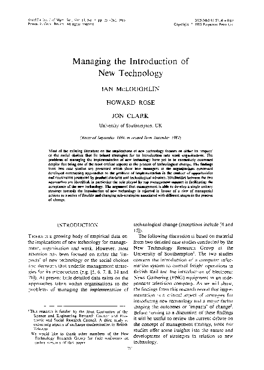 (PDF) Managing the introduction of new technology