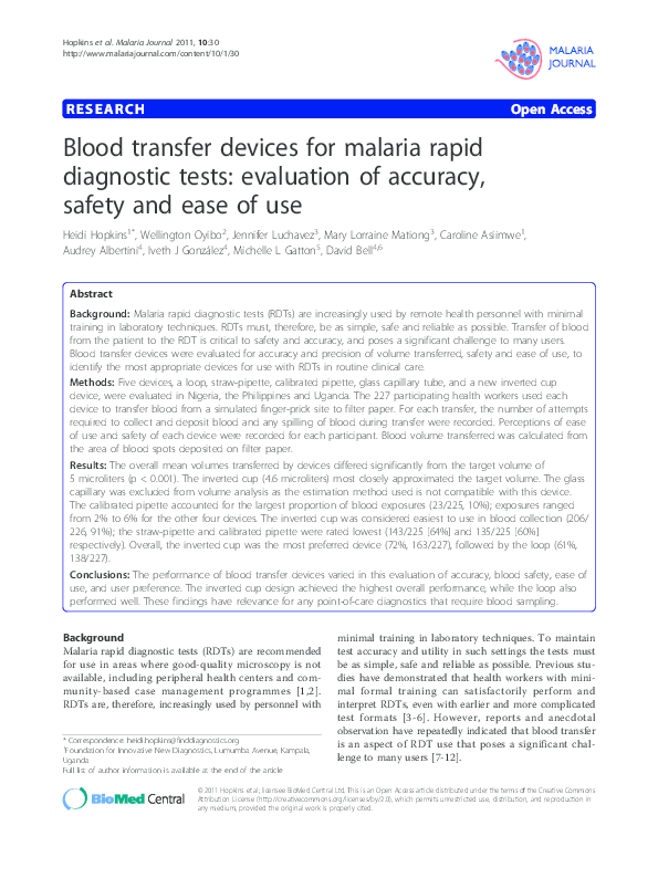(PDF) Blood Transfer Devices for Malaria Rapid Diagnostic Tests