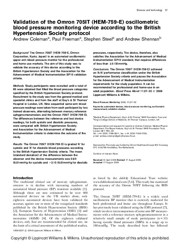 (PDF) Validation of the Omron 705IT (HEM-759-E) oscillometric blood ...