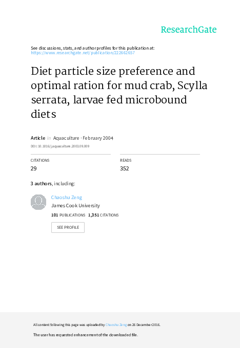 (PDF) Diet particle size preference and optimal ration for mud crab ...