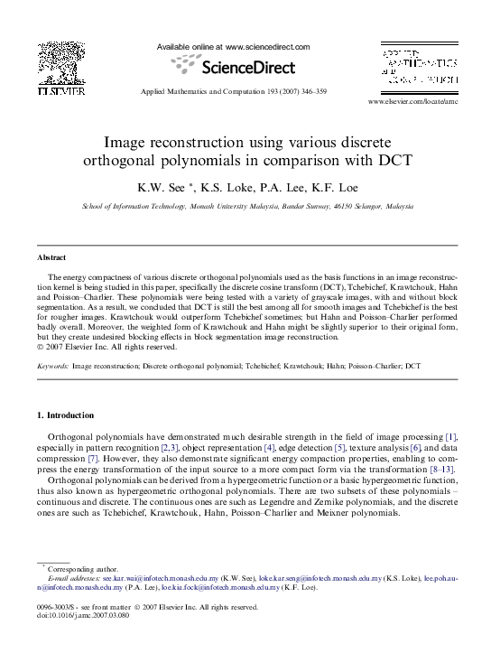 Pdf Image Reconstruction Using Various Discrete Orthogonal Polynomials In Comparison With Dct