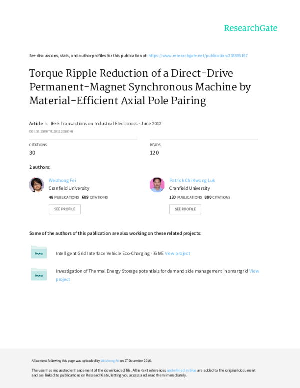 Pdf Torque Ripple Reduction Of A Direct Drive Permanent Magnet Synchronous Machine By Material