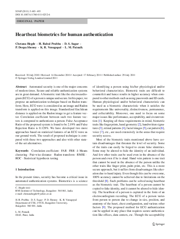 Pdf Heartbeat Biometrics For Human Authentication
