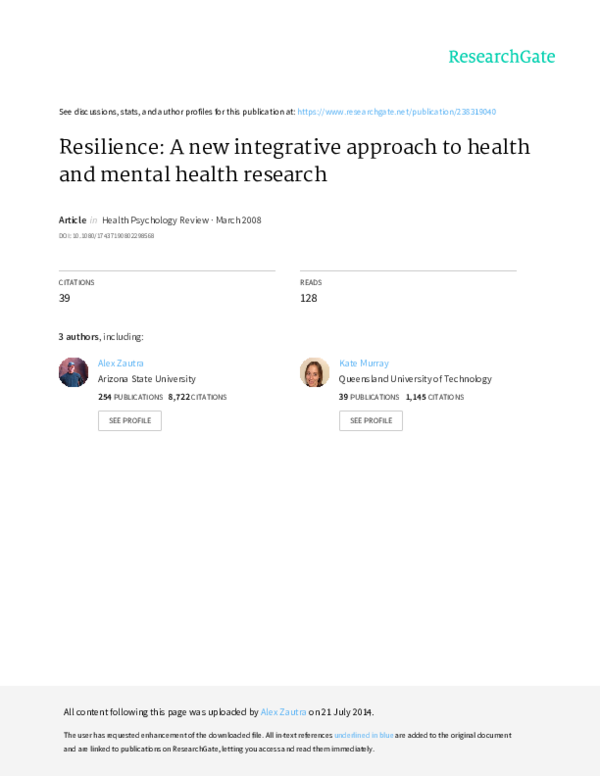 (PDF) Resilience: a new integrative approach to health and mental ...