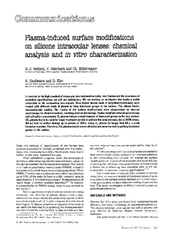 (PDF) Plasma-induced surface modifications on silicone intraocular ...