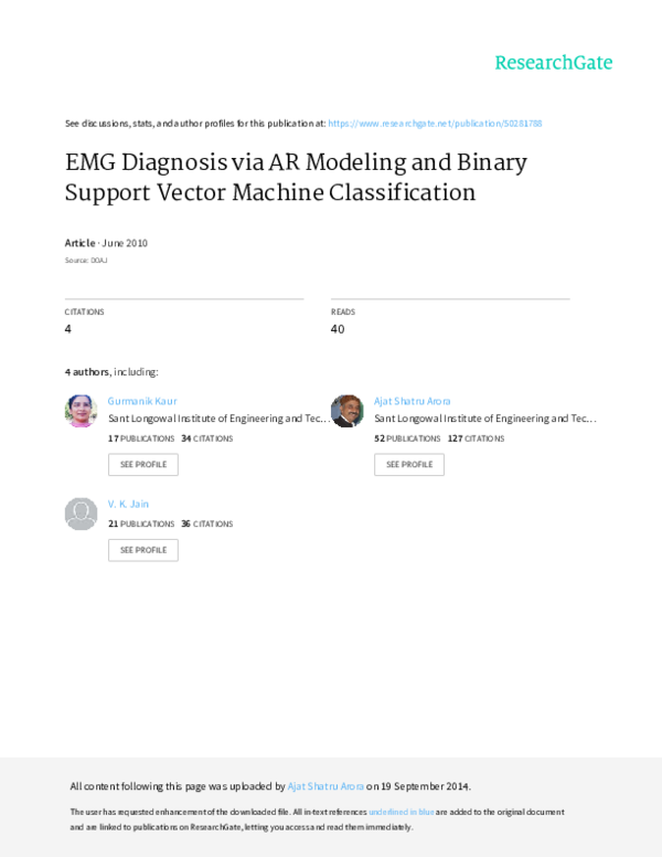(PDF) EMG Diagnosis via AR Modeling and Binary Support Vector Machine Classification