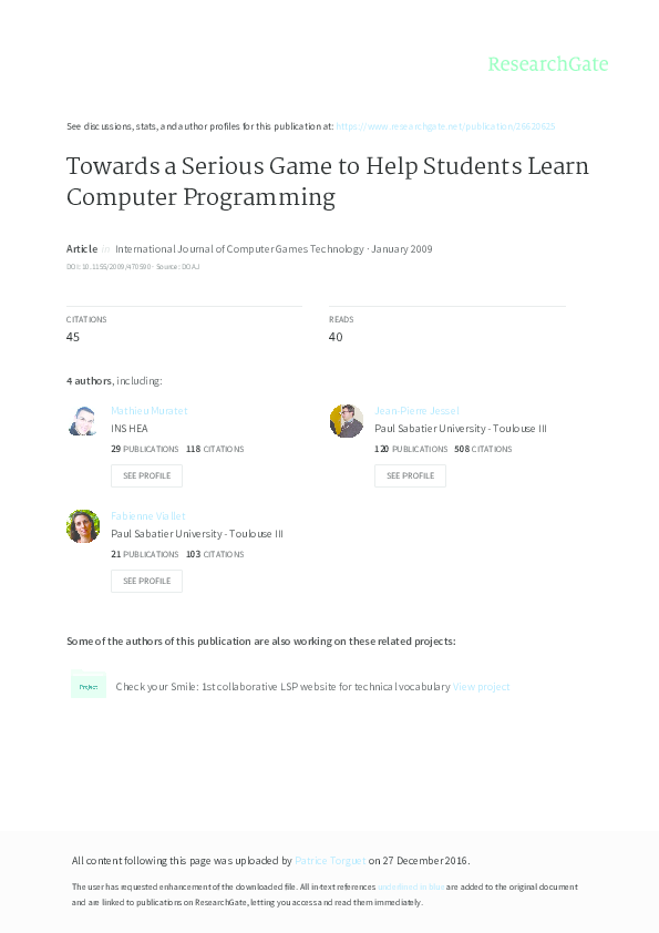 (PDF) Towards a serious game to help students learn computer programming