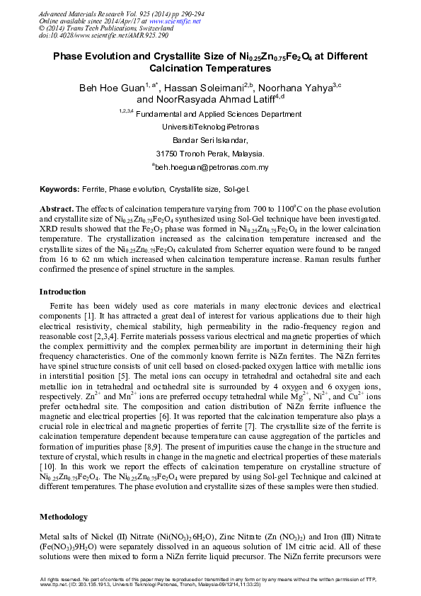 (PDF) Phase Evolution and Crystallite Size of Ni 0.25 Zn 0.75 Fe 2 O 4 at Different Calcination ...