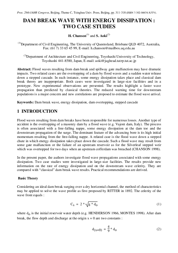 (PDF) DAM BREAK WAVE WITH ENERGY DISSIPATION : TWO CASE STUDIES