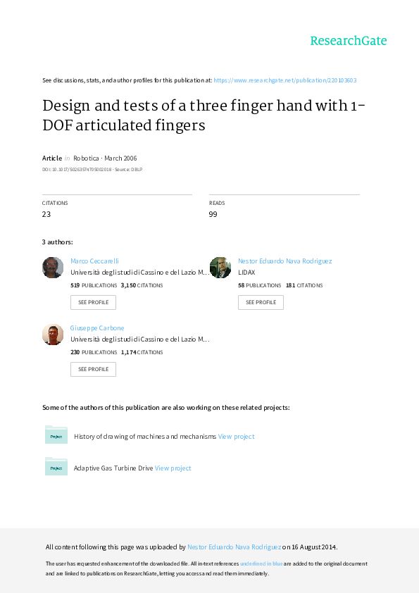 (PDF) Design and tests of a three finger hand with 1-DOF articulated ...